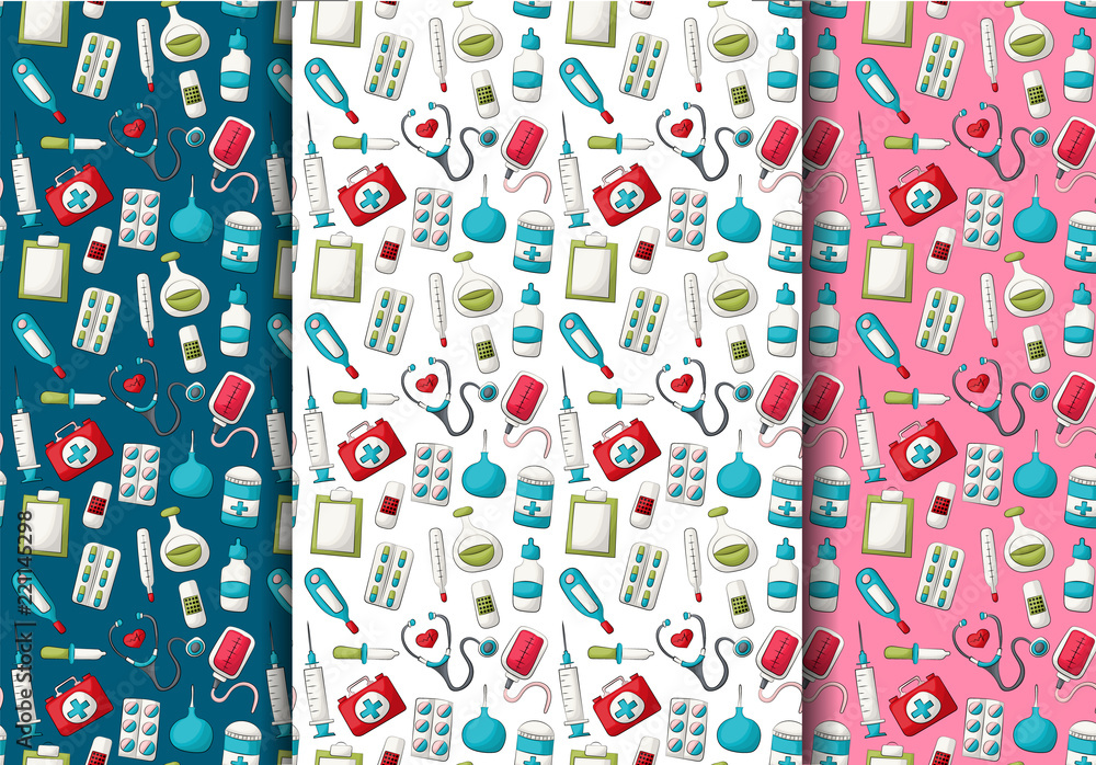 Medicine and healthcare seamless pattern set. Colorful girly and ...
