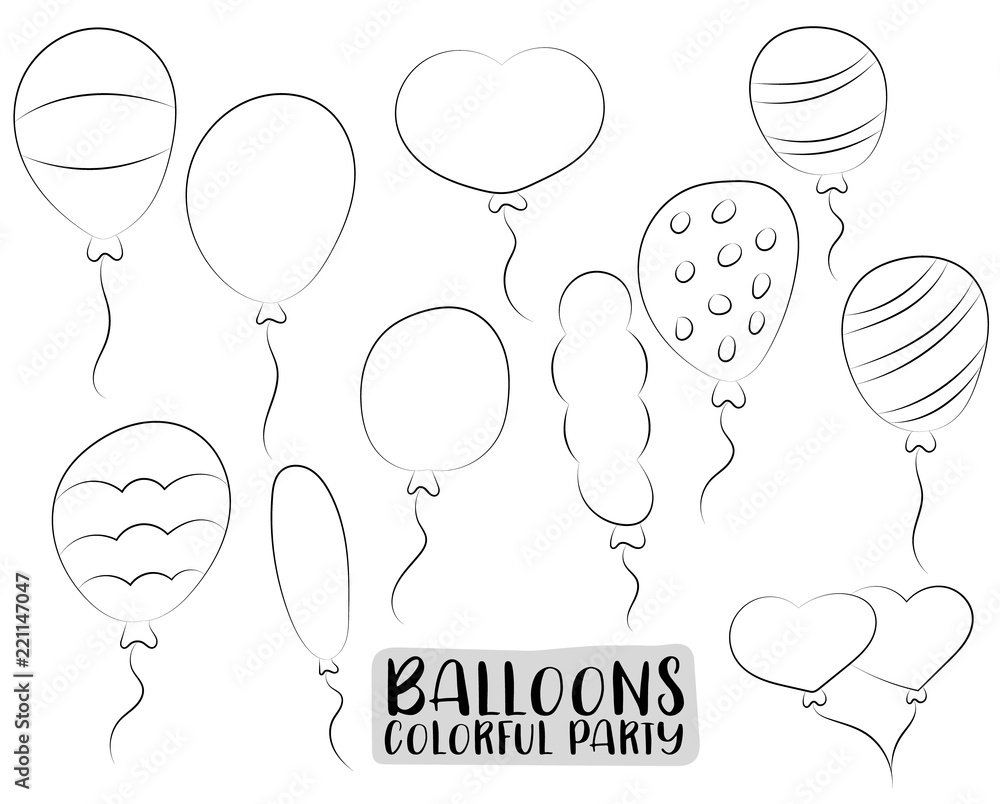 Colorful helium balloons set of icons and objects. Hand drawn doodle ...