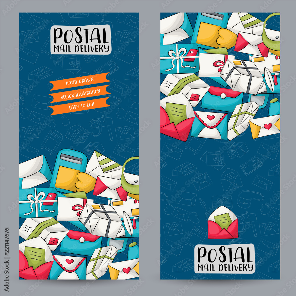 Postal service vertical banner set. Cute poster for invitation ...