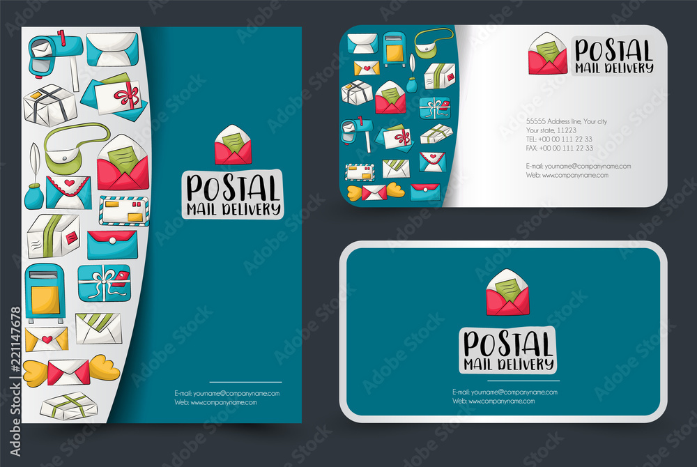 Vetor de Postal service flyer and business cards set. Background for ...