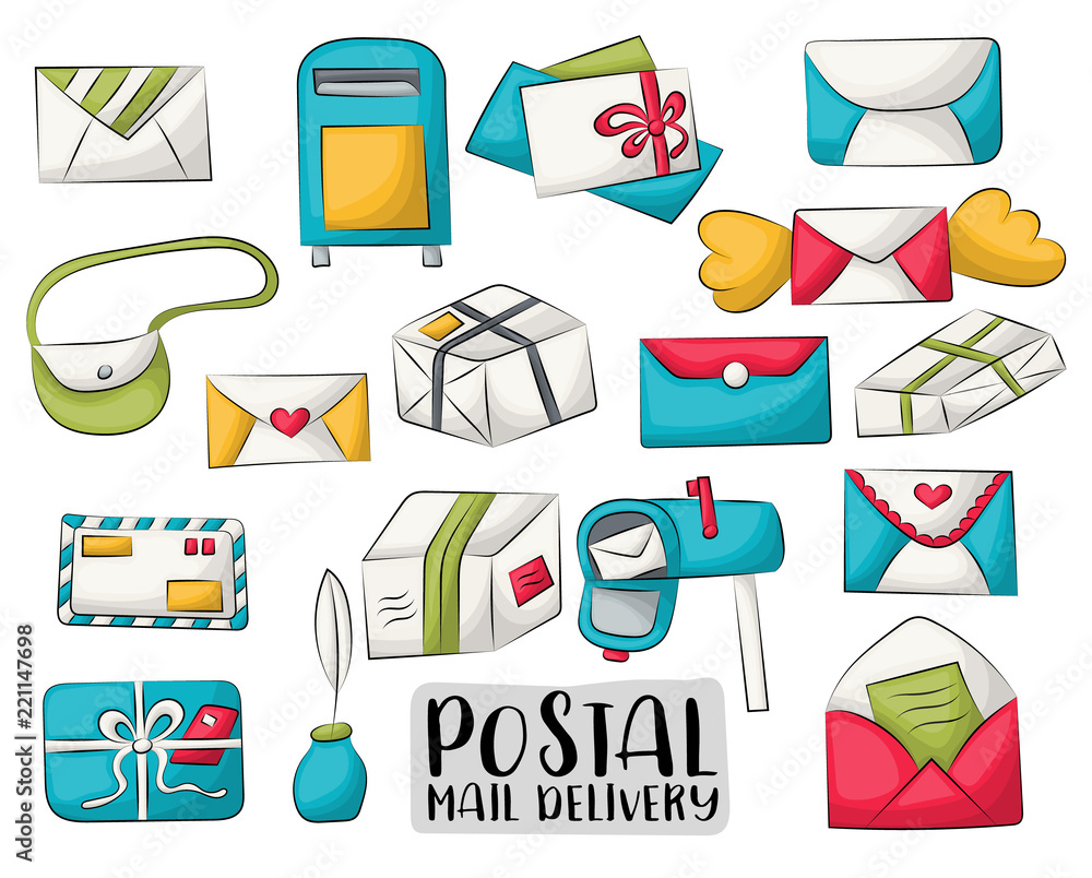 Postal service set of icons and objects. Hand drawn doodle cartoon ...