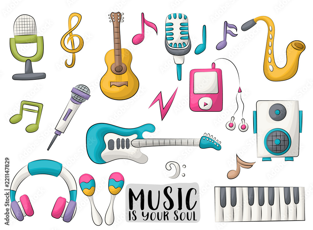 Music art set of icons and objects. Hand drawn doodle cartoon style ...