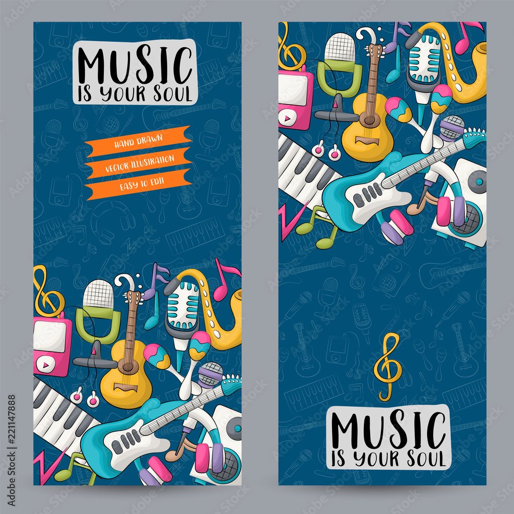 Music art vertical banner set. Cute poster for invitation ...