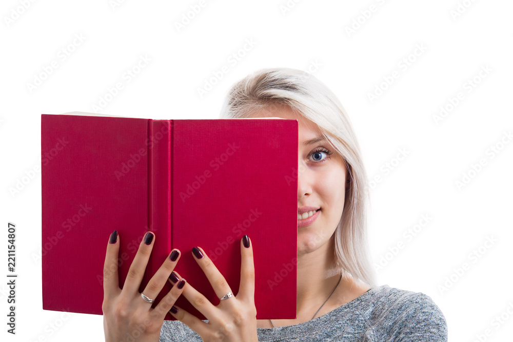 Young woamn cover half face using a red book isolated over white ...
