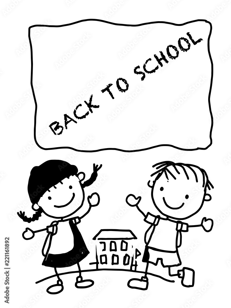 cartoon children line drawing and banner and back to school black white ...