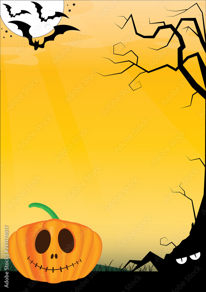 Halloween pumpkin poster with bat, dark tree and scary eyes in the ...