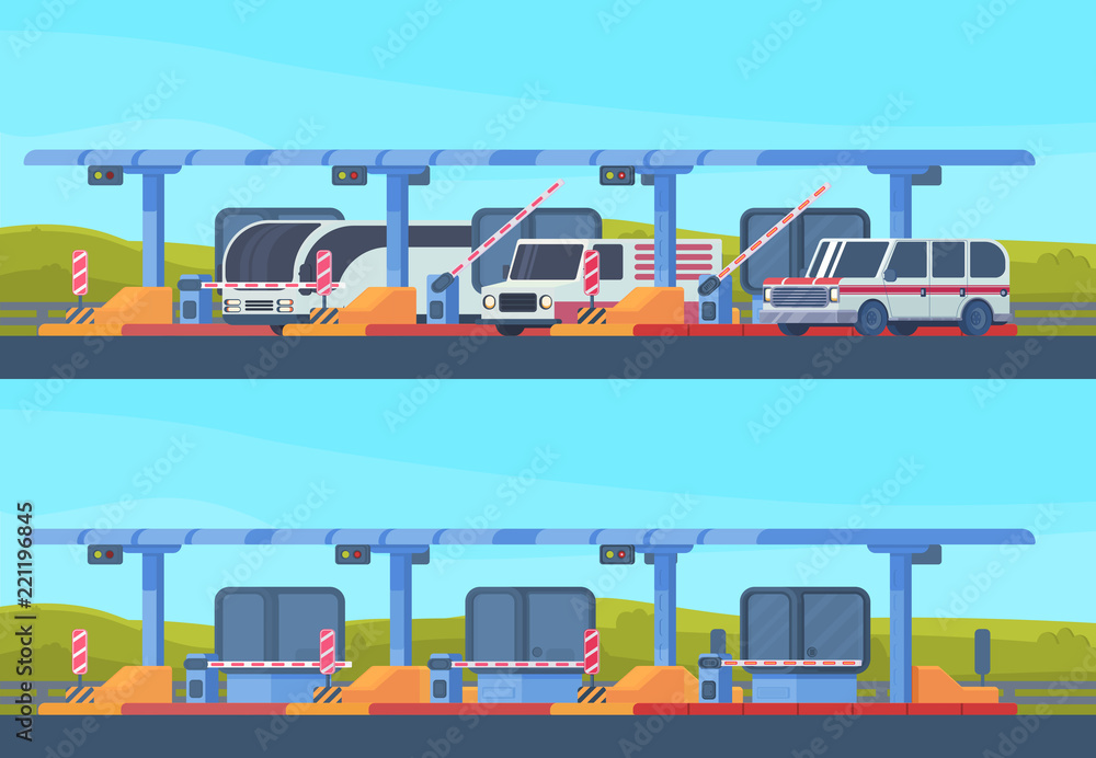 Checkpoint on toll highway. Booth with a rising and lowering barrier ...
