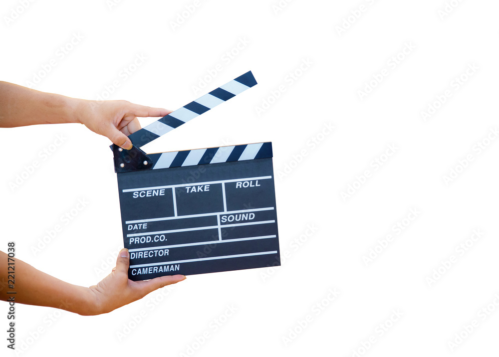 Man hands holding movie clapper isolated on white background. Shown ...