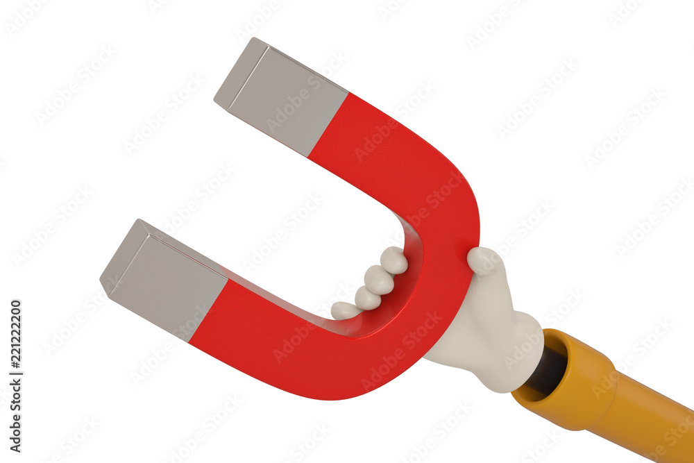 Cartoon hand holding magnet isolated on white background 3D ...