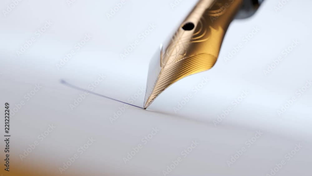 Close up of a quill pen making a check sign with ink in an empty ...