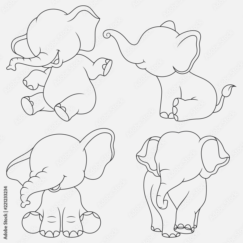 Cartoon Elephant thin lines with different poses and expressions Stock ...