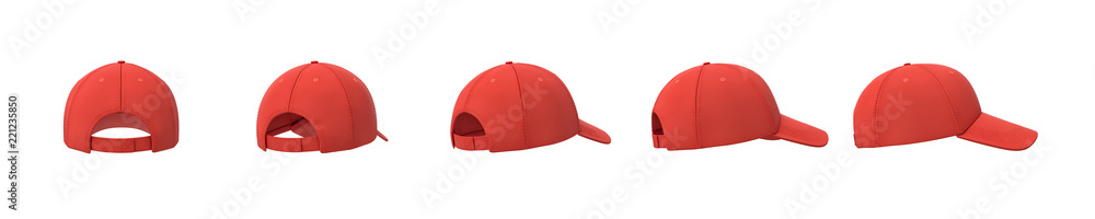 3d rendering of five red baseball caps shown in one line from back to ...