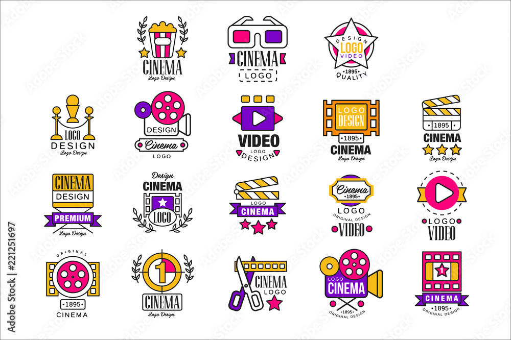 Cinema logo design set, video symbols in retro retro style vector ...