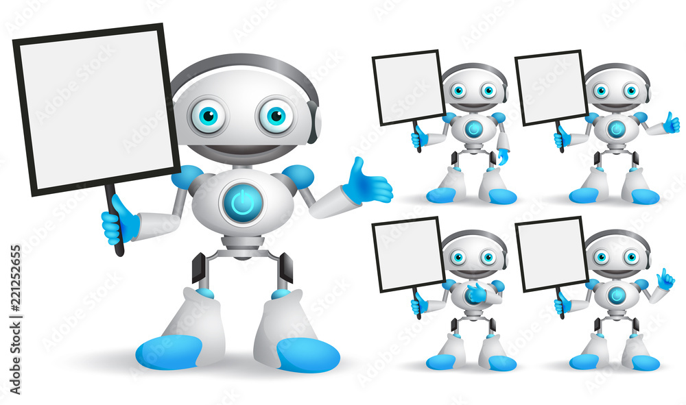 White robot vector character set standing while holding blank placard ...