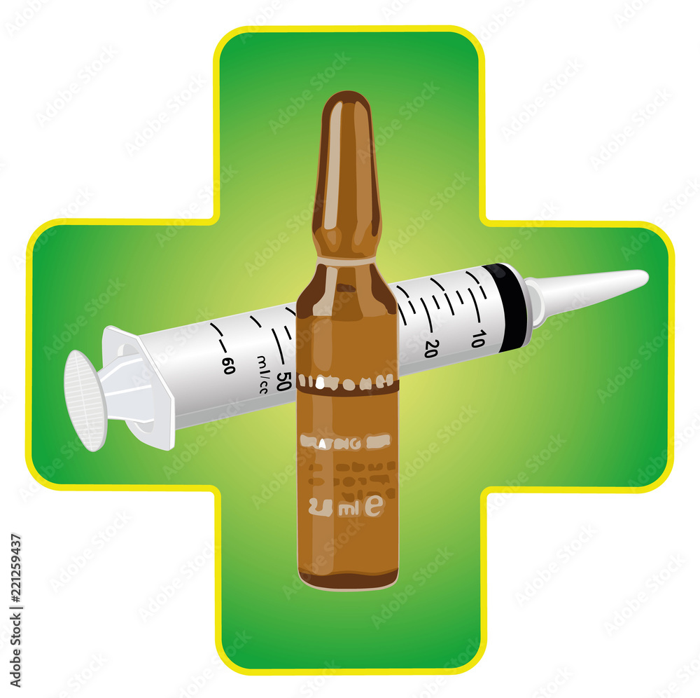 Medical icon. Medical cross, syringe for injections , glass ampoule ...