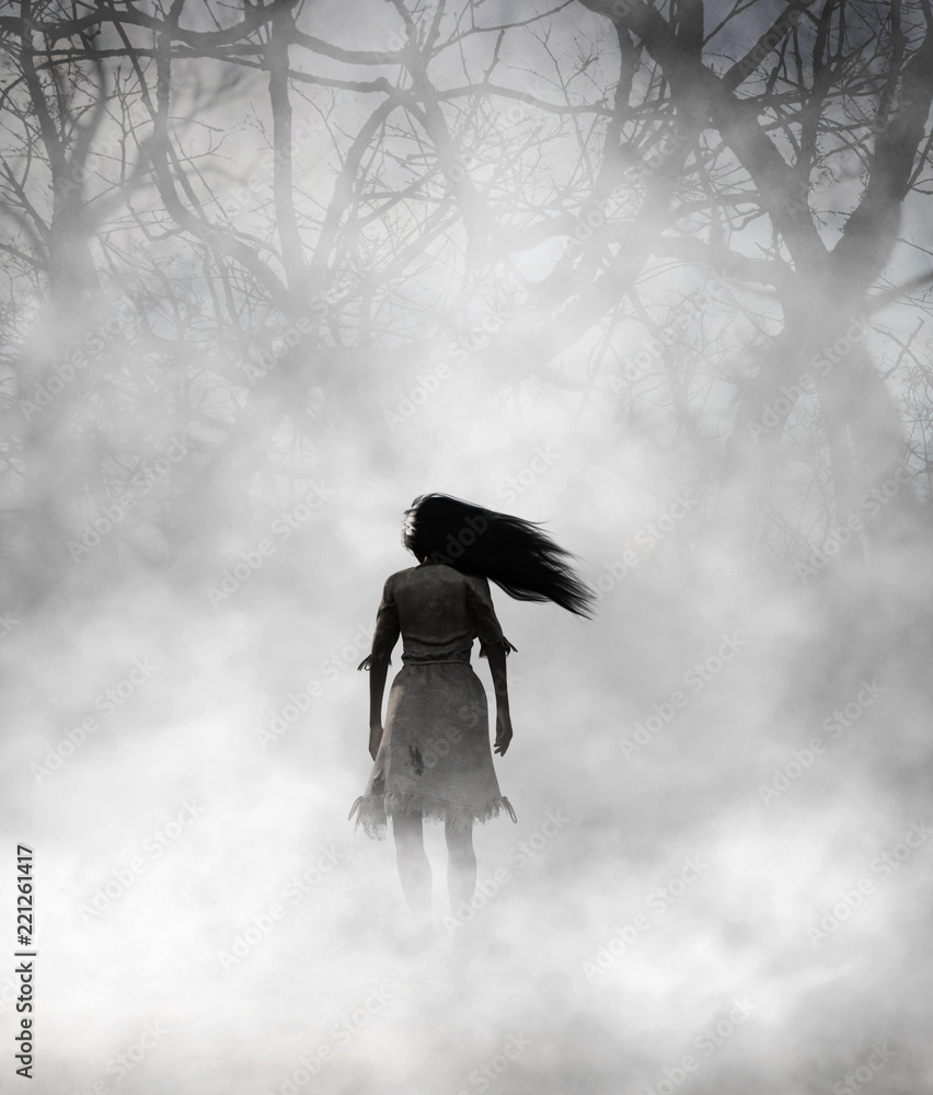 Ghost woman in foggy forest,3d Mixed media for book illustration or ...