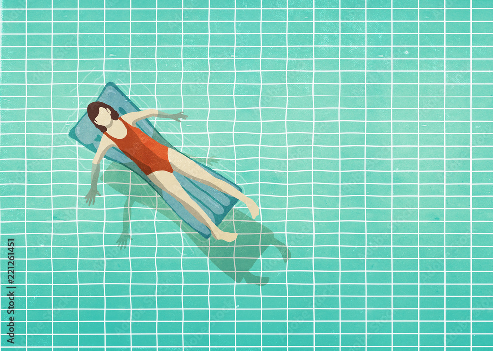 Woman in bathing suit laying on inflatable raft in swimming pool Stock ...