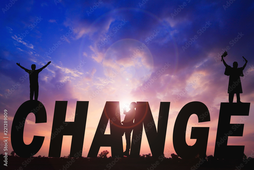 Change word Silhouette sunset background.They are standing between hope ...