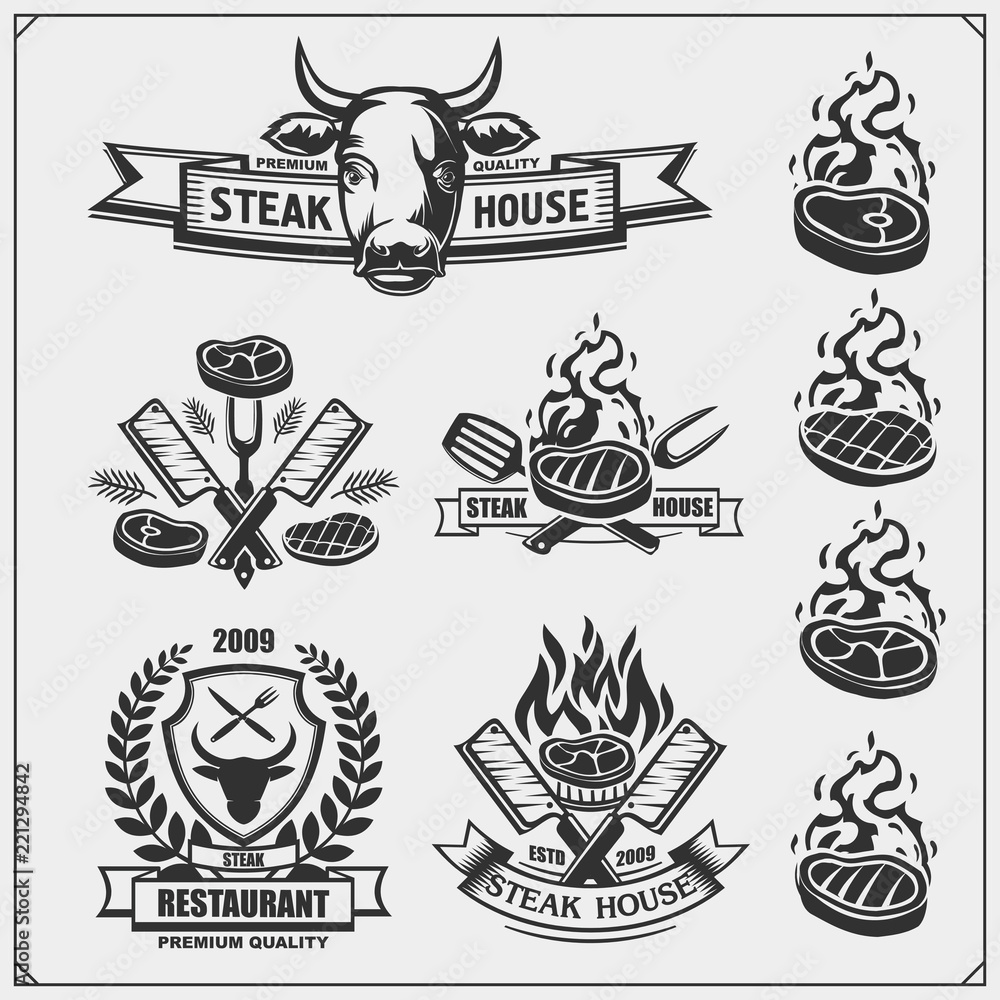 BBQ Collection. Set of grill steak labels, badges and emblems. Fresh ...