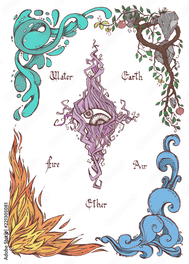 Five nature elements with calligraphic inscription. Ink hand drawing ... Five nature elements with calligraphic inscription. Ink hand drawing ...
