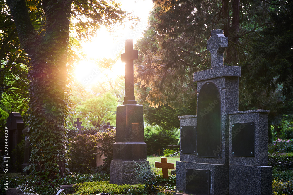 Sunlight shines through the trees of a graveyard touching old ...