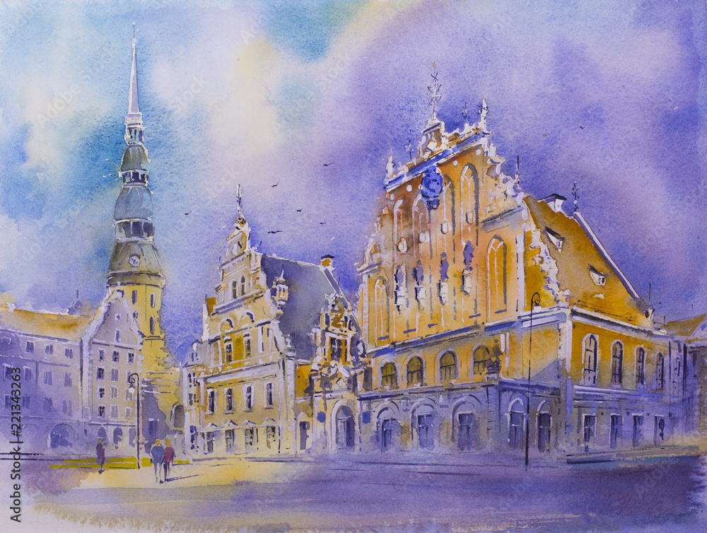 Watercolor painting House of the Blackheads in the old town of Riga ...