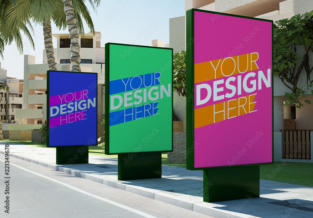 Three Advertising Kiosks on Sidewalk Mockup Stock Template | Adobe Stock