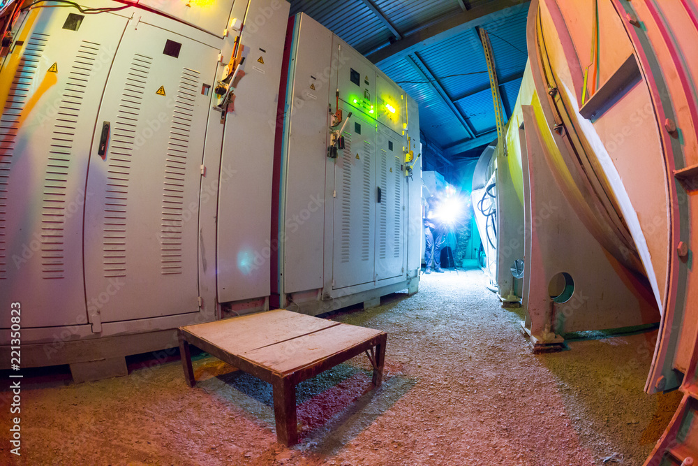 Hall of electric units for power supply of underground mine Stock Photo ...