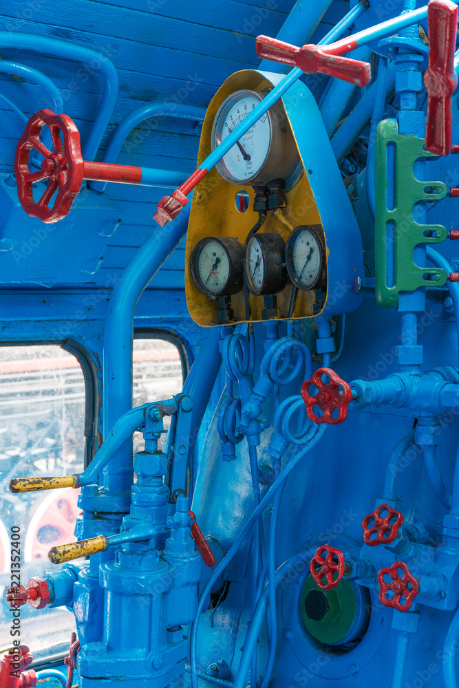 Mechanism of locomotive control panel on steam train.Old vintage ...
