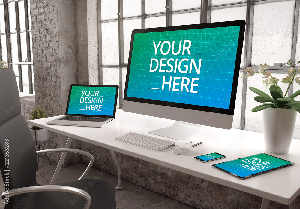 4 Devices on White Desk Mockup Stock Template | Adobe Stock