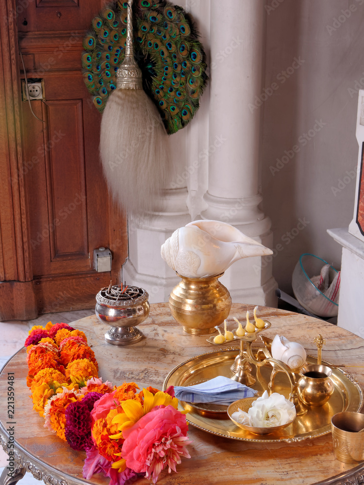 Hindu ceremony. Puja - set for offering to Prabhupada - guru of Hare ...