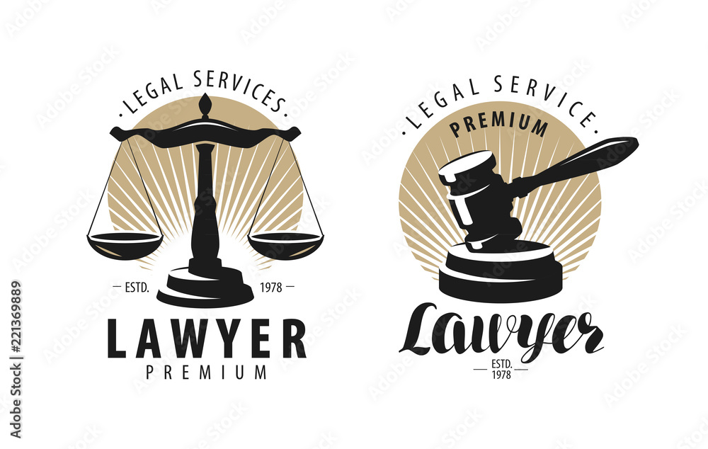 Law office, attorney, lawyer logo or label. Scales of justice, gavel ...