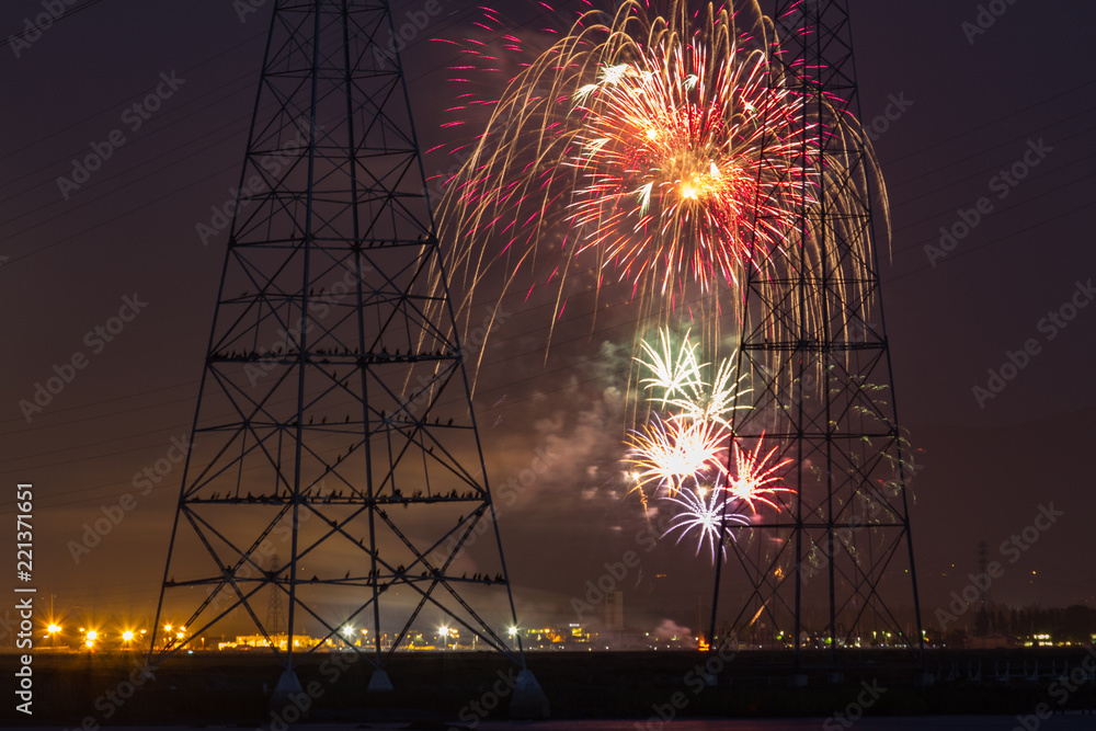 4th Fourth of July Fireworks Next to Giant power Pylons on San ...