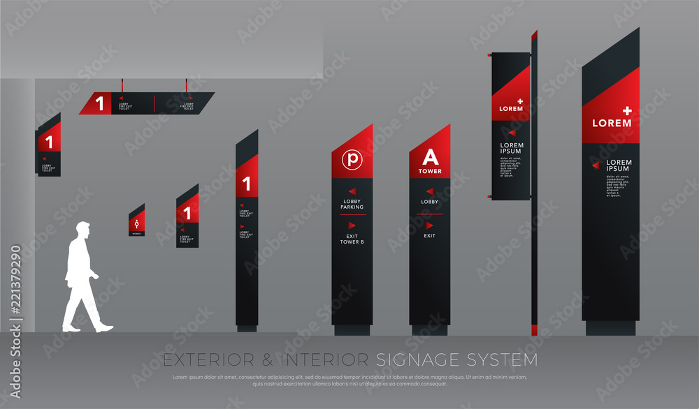 exterior and interior signage concept. direction, pole, wall mount and ...
