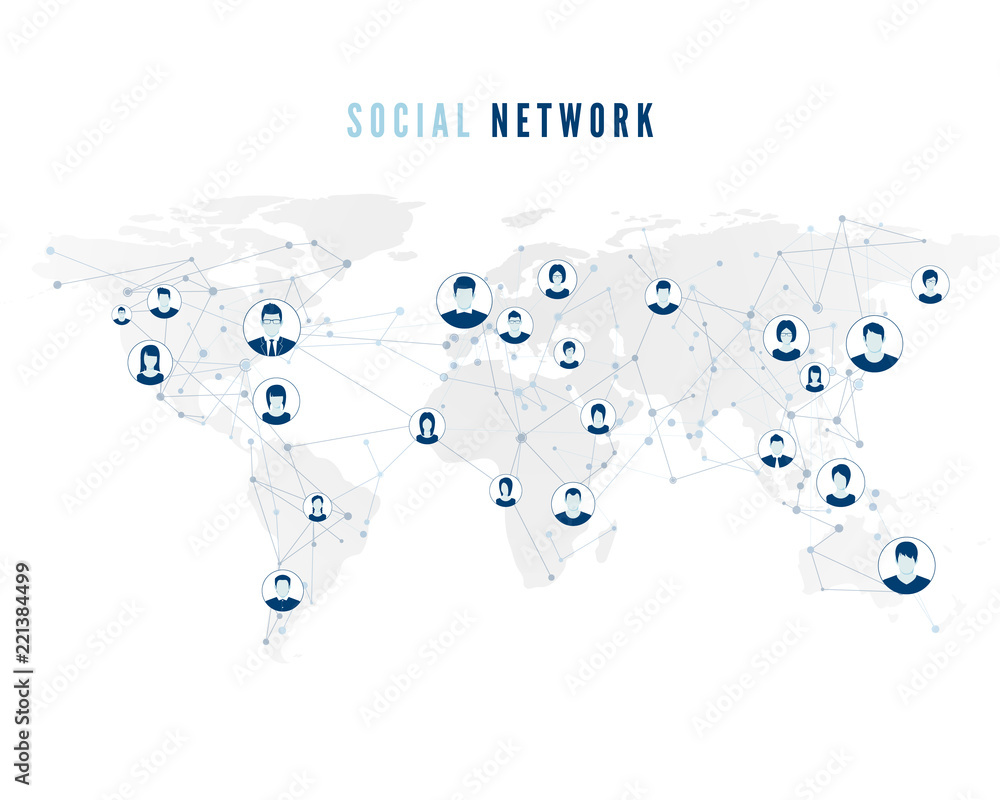 Global social network connection on world map background. User avatars ...