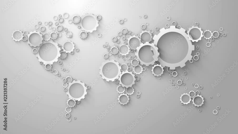 world map of white cog wheels on grey background loop animation Stock ...