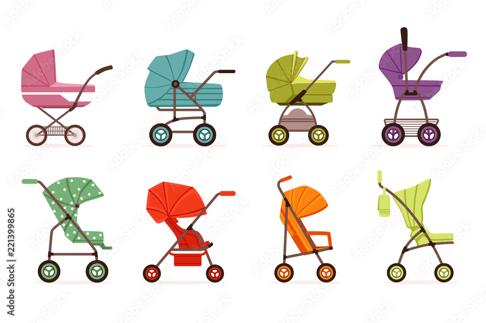 Baby stroller set, different types of kids transport, colorful vector ...