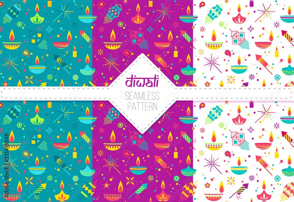 Collection of Diwali colorful seamless patterns with main holiday ...