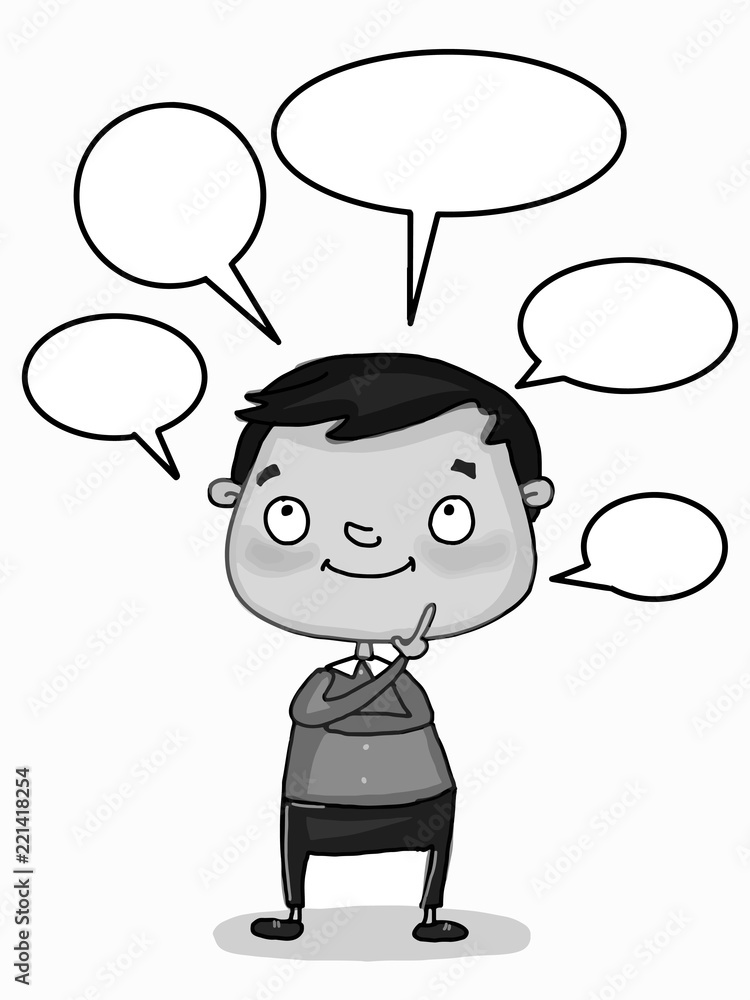 cute cartoon student child thinking and speech bubbles and grey colors ...