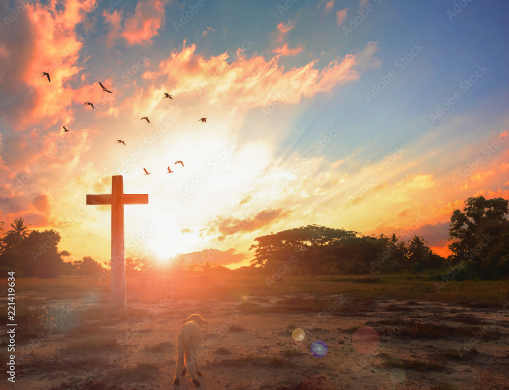 Resurrection of Jesus Christ concept: God Lamb in front of the cross of ...