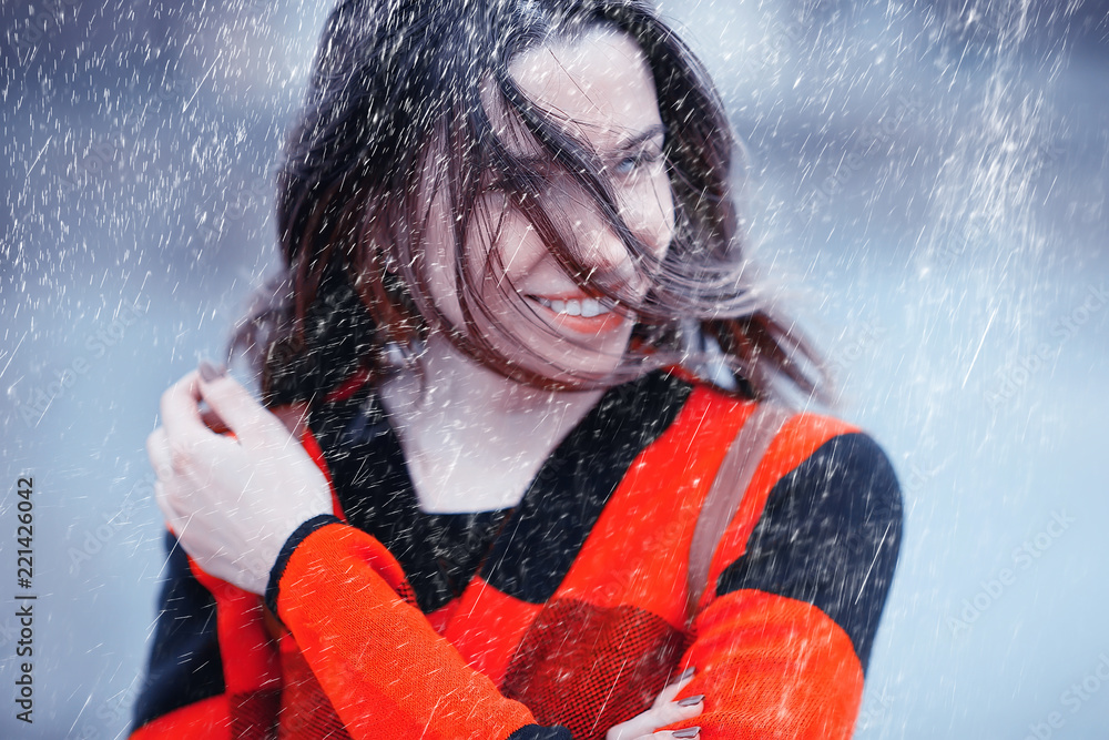 rainy weather girl posing fall / raindrops, spray, girl adult on a rain ...