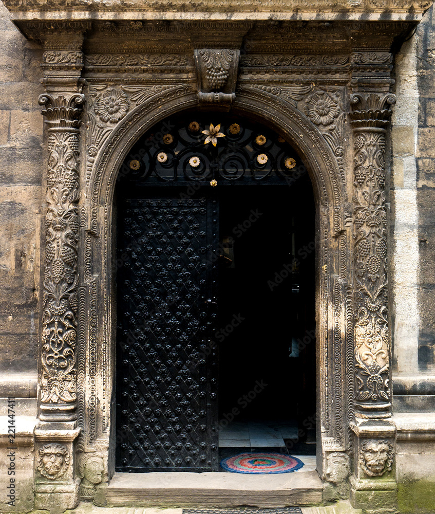 Texture of a wooden door with a triangular roof. Close-up, Background ...
