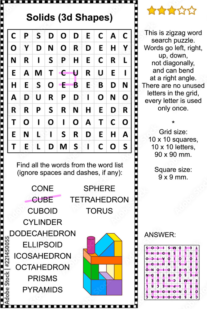 Solids, or 3d shapes, themed zigzag word search puzzle (suitable both ...