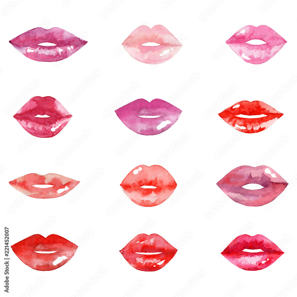Women's lips set. Hand drawn watercolor lips isolated on white ...