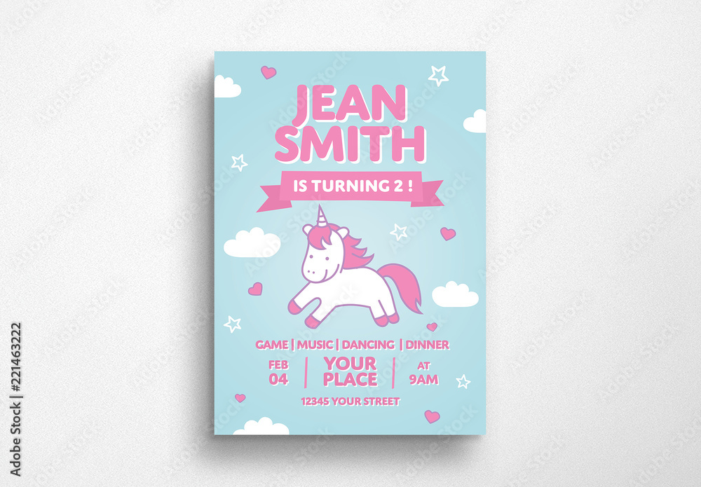 Unicorn Birthday Flyer Layout Stock Template | Adobe Stock