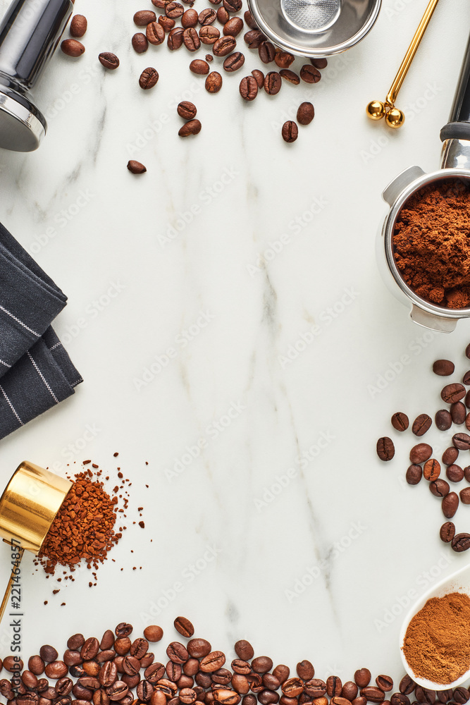 Flat lay of coffee background. Assorted coffee beans, ground and ...