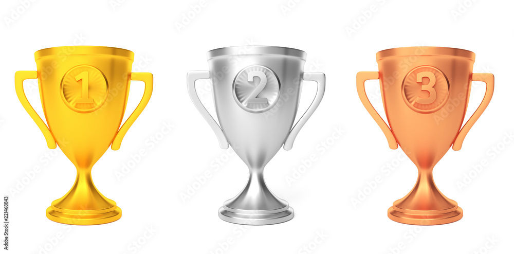 Gold silver bronze cup winner award isolated on white. 3d render Stock ...
