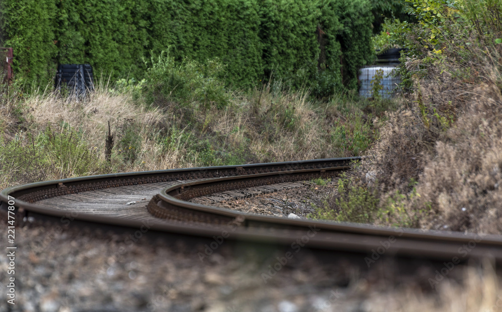 Narrow train tracks leading to a steep turn in the forest in the summer ...
