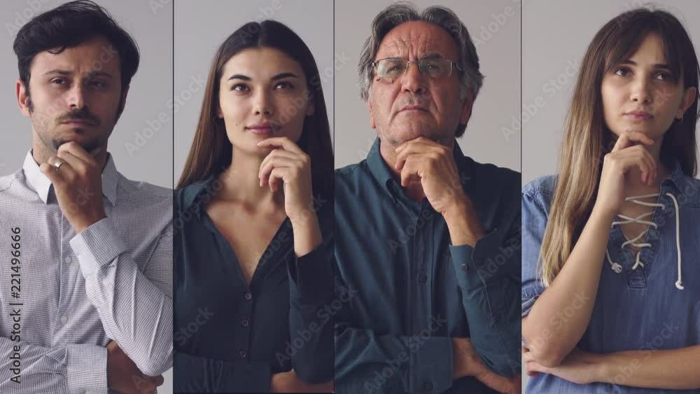 Collage of portraits thinking men and women Stock Video | Adobe Stock
