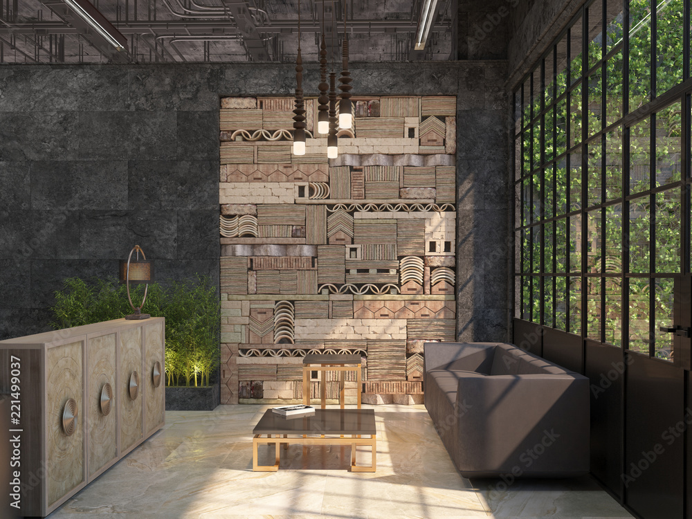 The interior design of the hall with a reception desk and waiting place ...